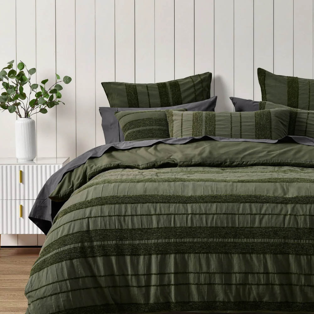 Avery Forest Green Quilt Cover Set – Chenille Stripe | The Bedspread Shop