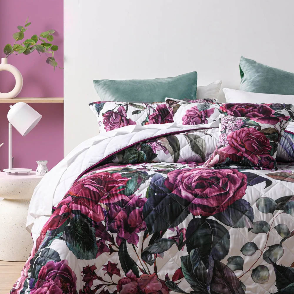 Plum Botanical Bedspread Set: Quilted +Piped Edge | The Bedspread Shop