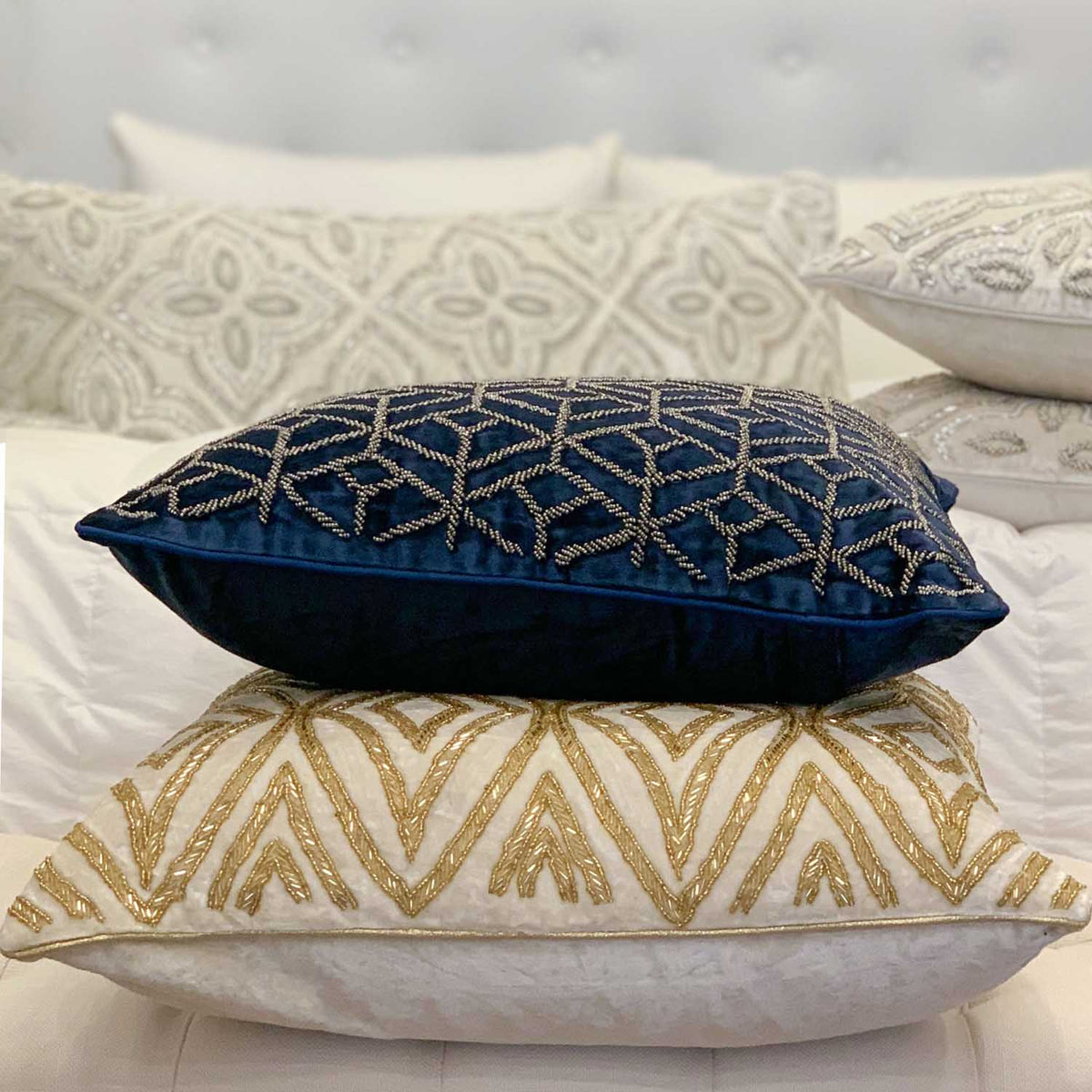 Azul Bead Embroidered Cushion – The Bedspread Shop